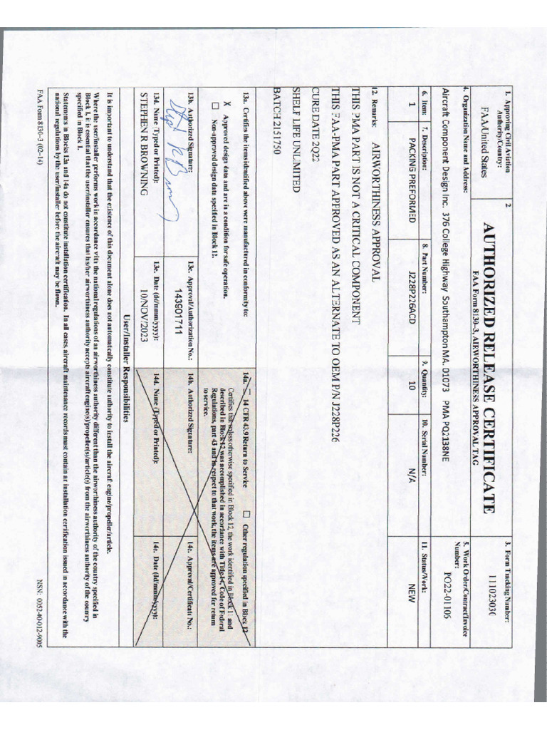 FAA 8130-3 ES EL MODELO AMERICANO EJEMPLO | PDF