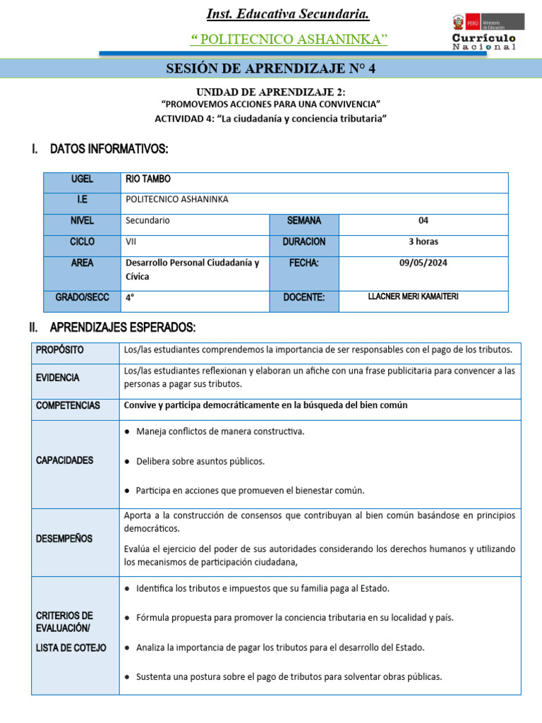 4º DPCC SES 4 UNI 2 SEM 04 - 2023 | PDF | Aprendizaje | Evaluación