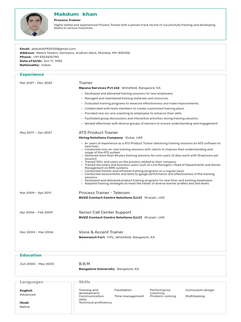 Makdum Khan Resume - Process Trainer | PDF | Call Centre | Human Communication