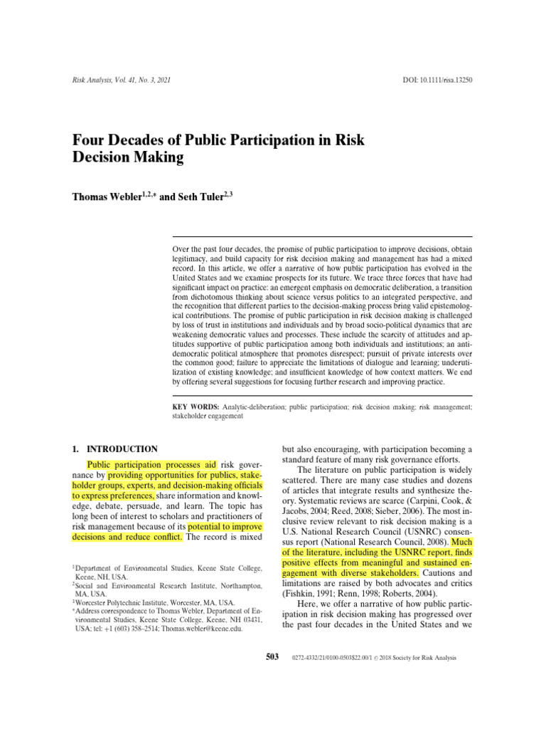 Webler & Tuler - 2021 - Four Decades of Public Participation in Risk ...