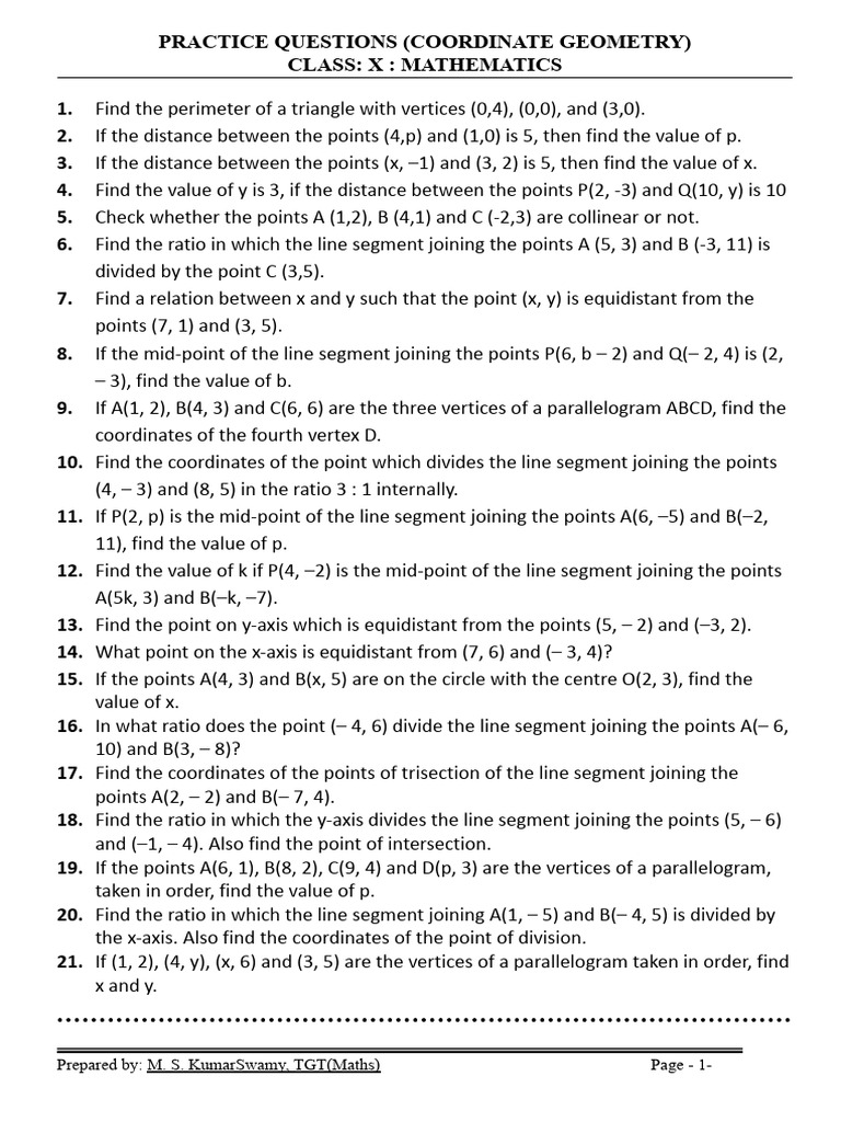 Practice Questions Coordinate Geometry Class X | PDF | Line (Geometry) | Euclidean Plane Geometry