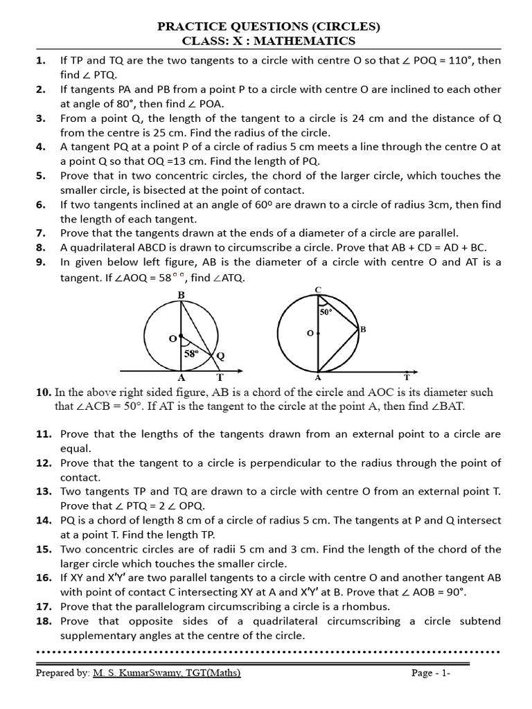 Practice Questions Circles Class X | PDF | Circle | Perpendicular