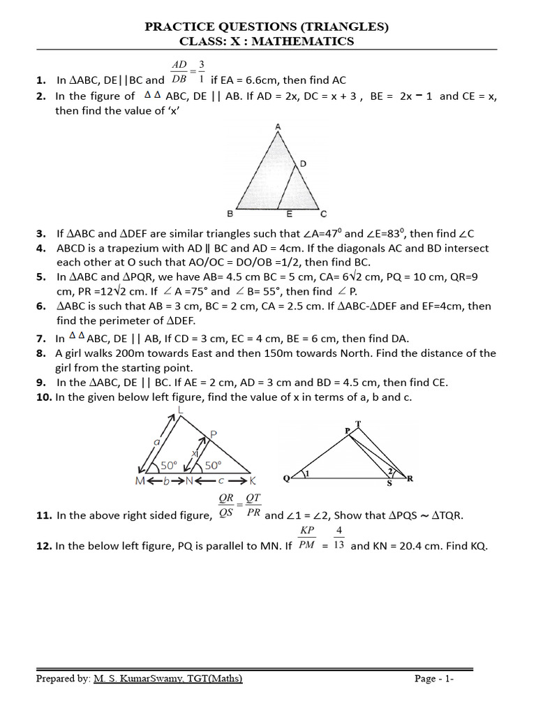 Practice Questions Triangles Class X | PDF | Geometry | Euclidean Plane Geometry
