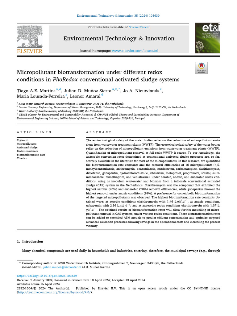Micropollutant Biotransformation Under Different Redo - 2024 ...