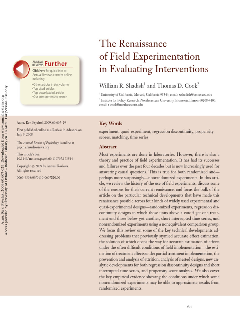 Shadish & Cook - The Renaissance of Field Experimentation in Evaluating ...