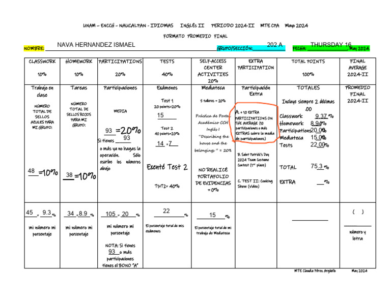 ENGLISH II - 2024-II - INGLÉS - II - Formato - Promedio - Final | PDF