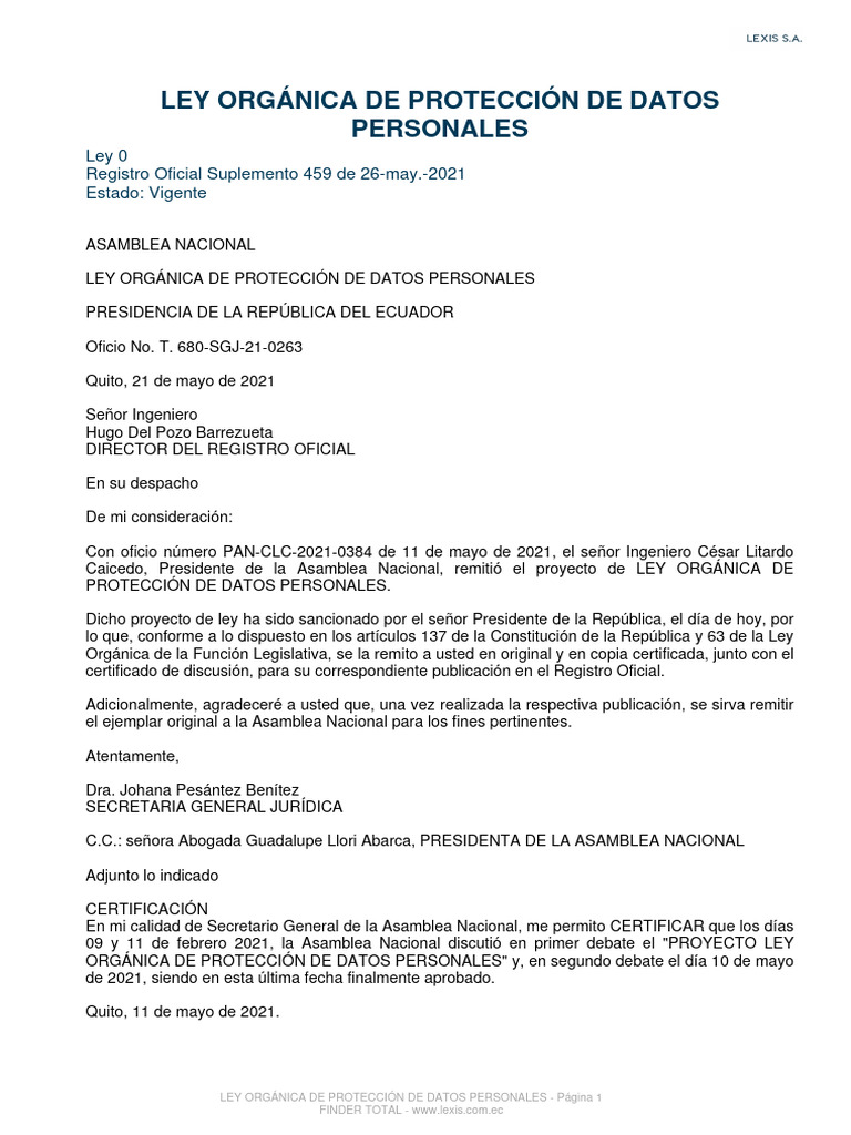 Ley Organica de Proteccion de Datos Personales EC | PDF | Constitución | Regulación