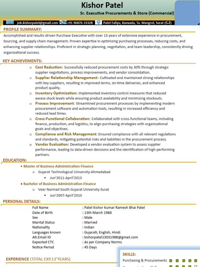CV_Kishor Patel | PDF | Procurement | Supply Chain