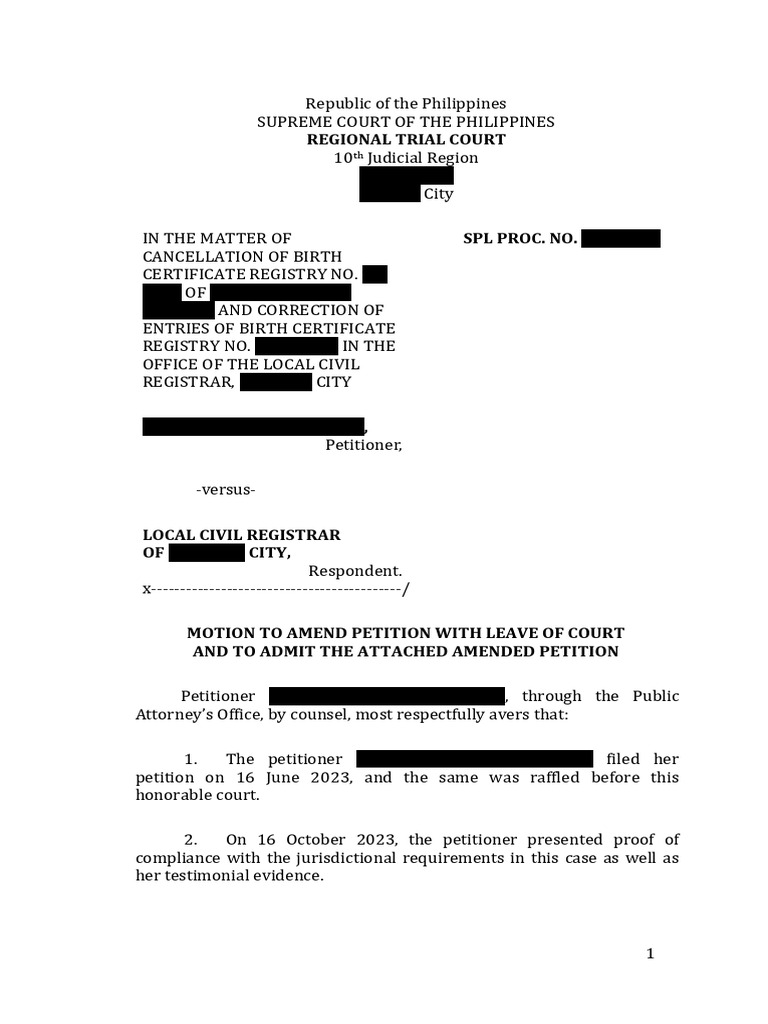 Motion to Amend Petition_Correction of Entry_2024 | Download Free PDF | Birth Certificate ...