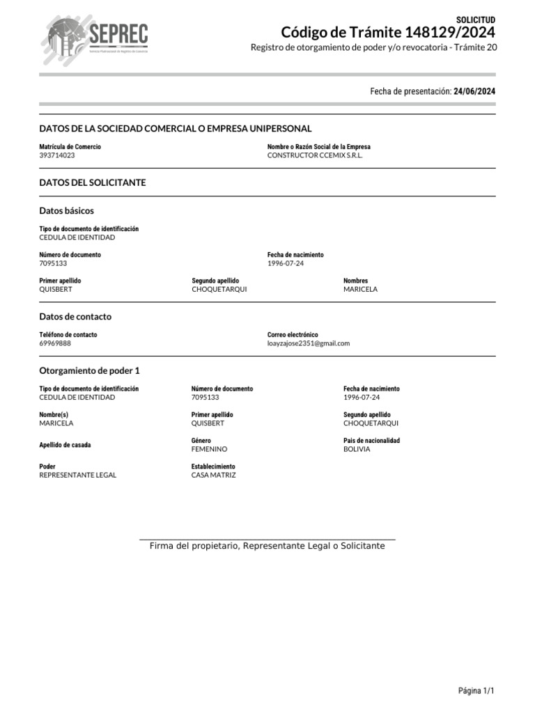 Registro Poder Legal Constructor CCEMIX | PDF | Documento de identidad | Gobierno y personalidad