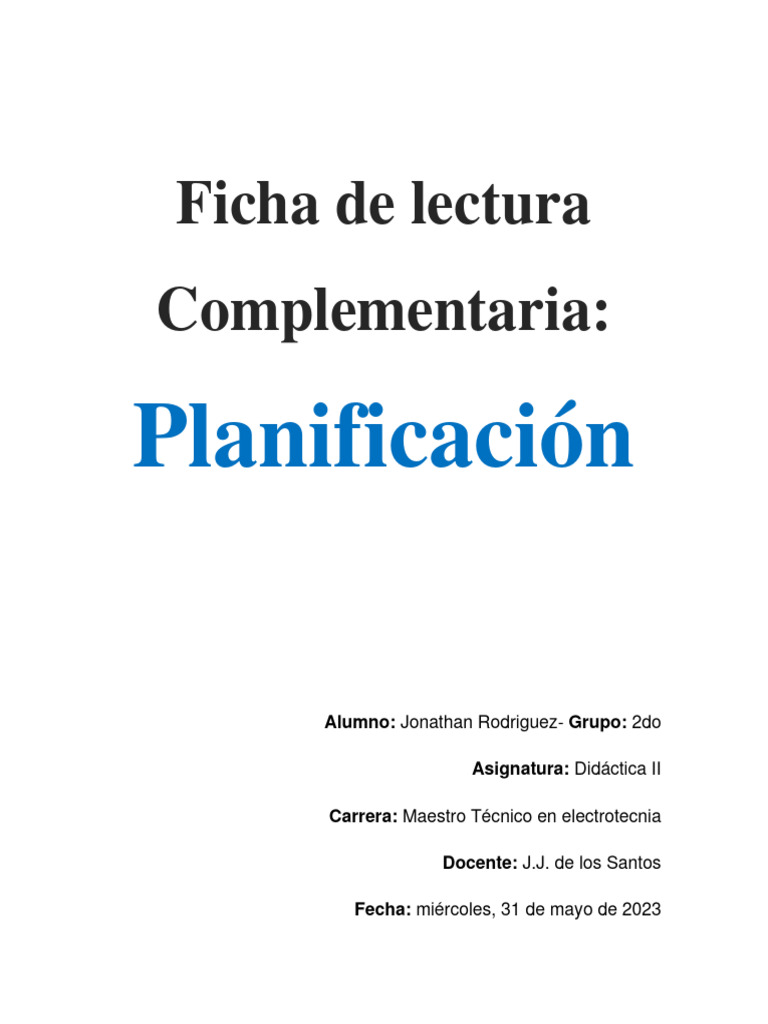Ficha de Lectura Complementaria - PLANIFICACION | PDF | Enseñando | Evaluación