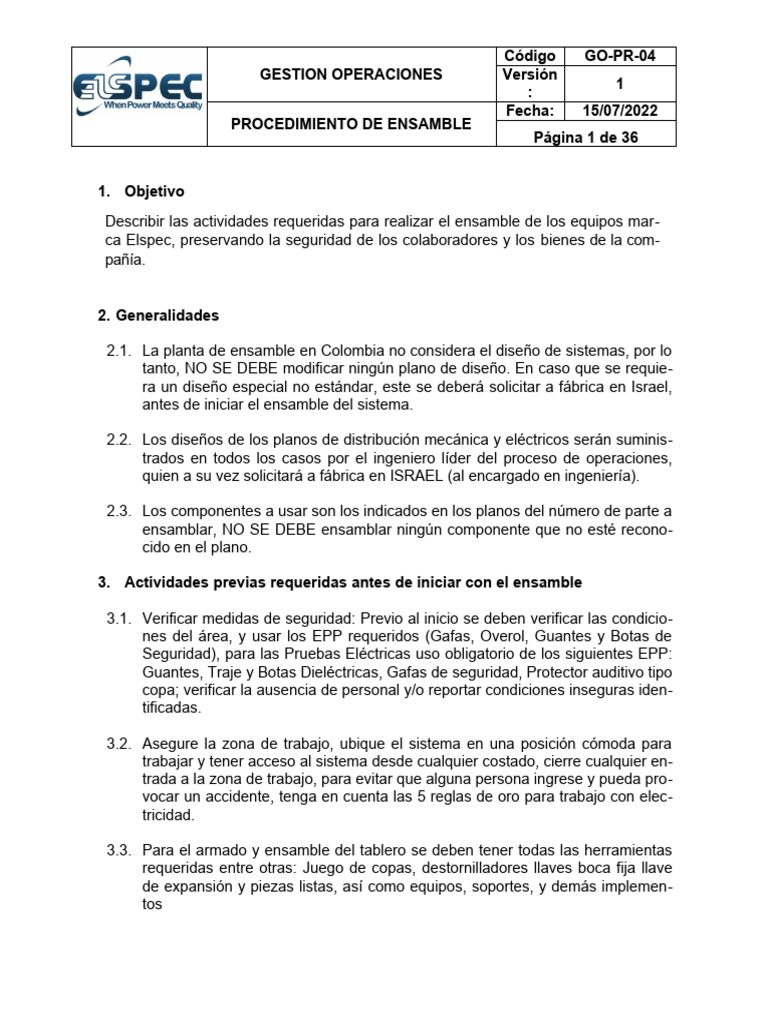 GO-PR-04 Procedimiento de Ensamble Ver. 01 | PDF | Tornillo | Fusible (Eléctrico)