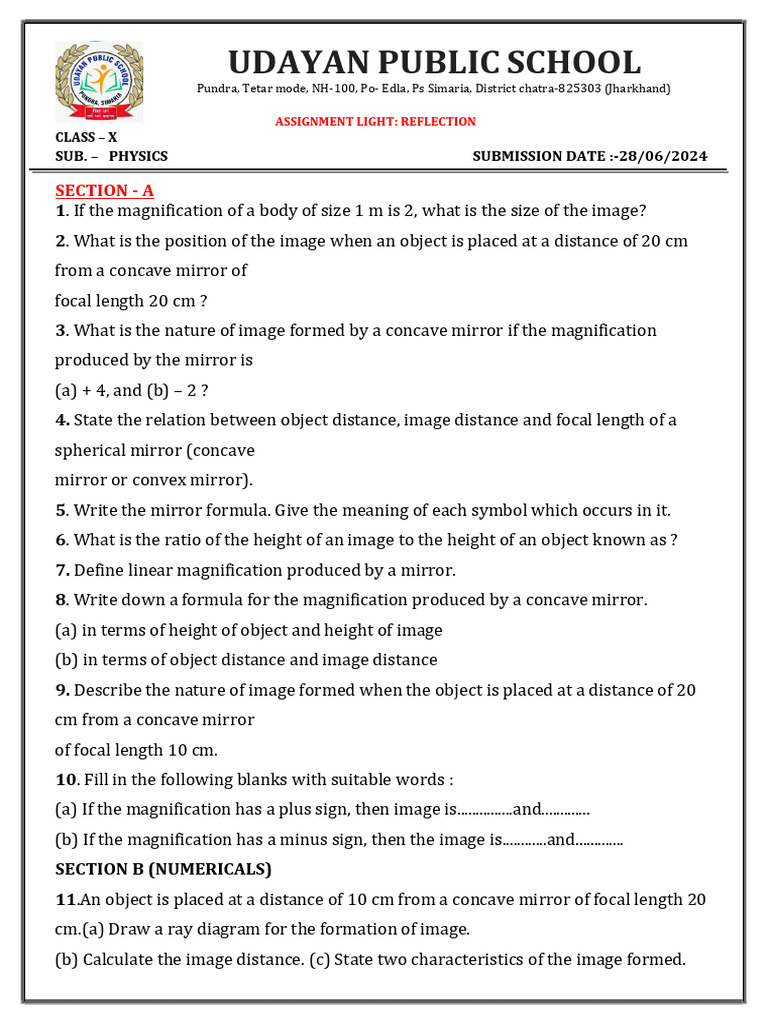 Assignment Class 10 Light | PDF | Mirror | Glass Engineering And Science