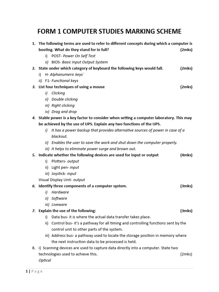FORM 1COMPUTER Marking Scheme | PDF | Computer Data Storage | Input/Output