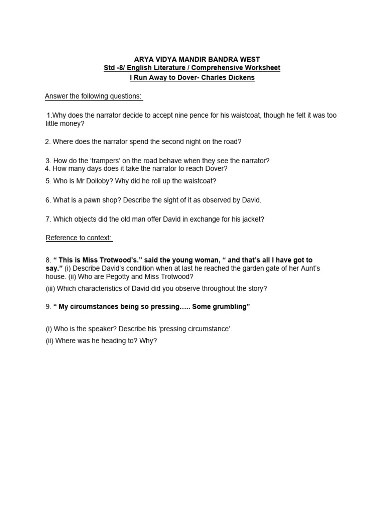 I Run Away to Dover: Worksheet Questions | PDF