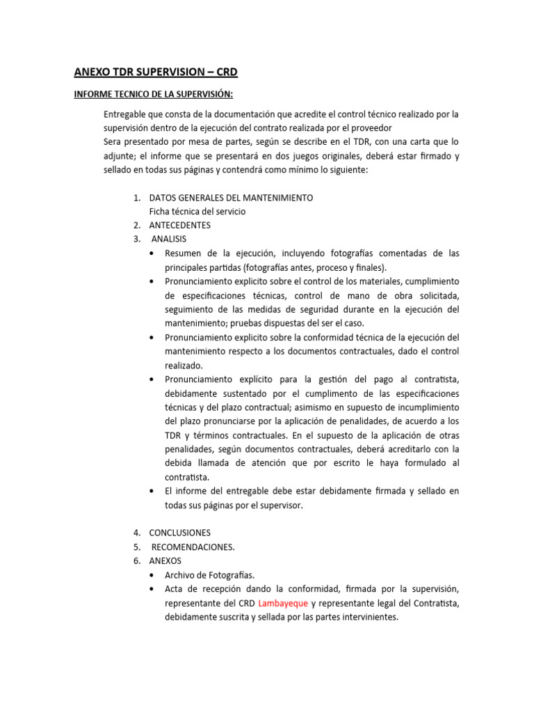 Anexo TDR Supervisión Servisios Higienicos Coliseo Cerrado | PDF