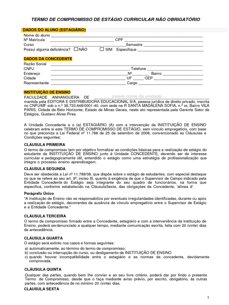 Termo de Compromisso de Estágio Curricular Obrigatório | PDF | Estágio ... Termo de Compromisso de Estágio Curricular Obrigatório | PDF | Estágio ...