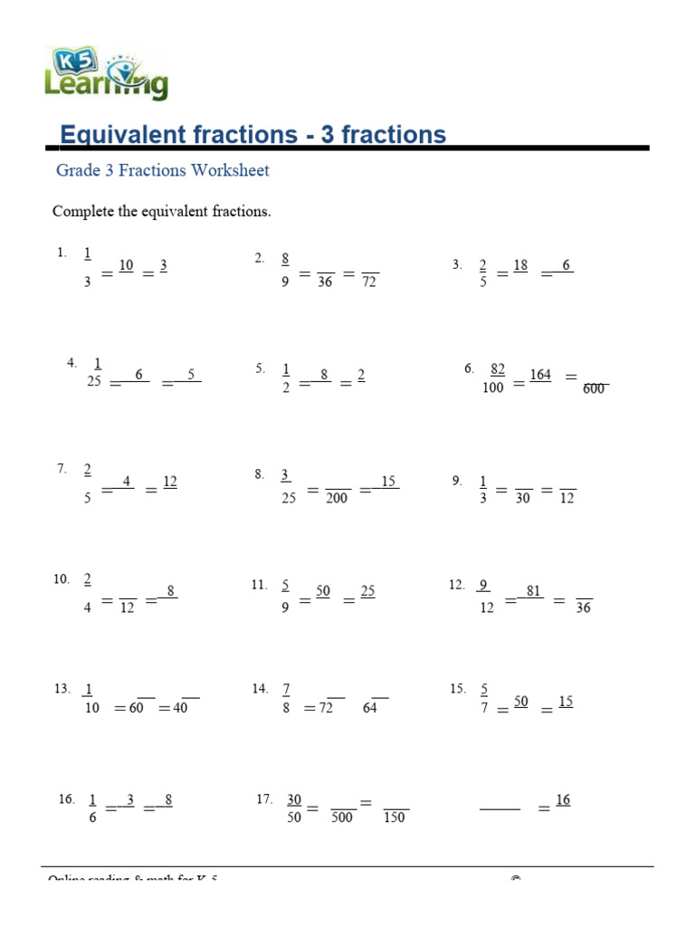 Grade 3 Equivalent 3 Fractions A | PDF