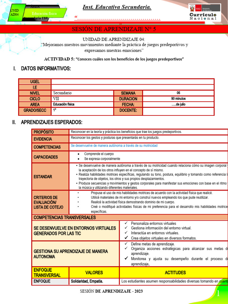 1º EE.FF. SES 4 UNI 4 SEM 05 - 2023 | Descargar gratis PDF | Aprendizaje | Maestros