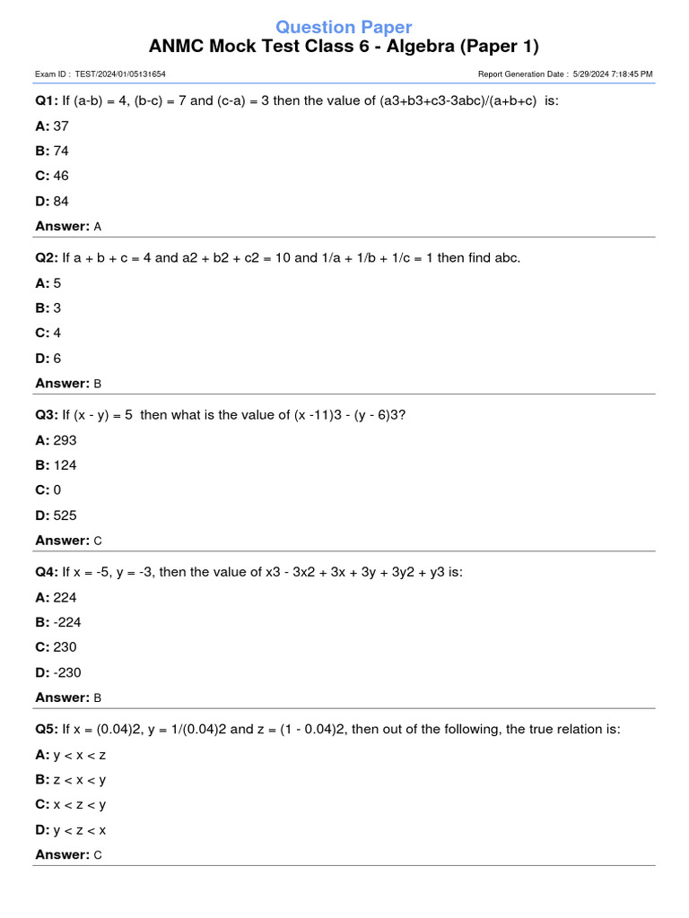 ANMC Class 6 Algebra Mock Test | PDF | Teaching Methods & Materials ...