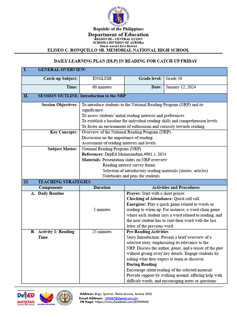 Daily Learning Plan for Grade 10 Reading | PDF | Reading Comprehension ...