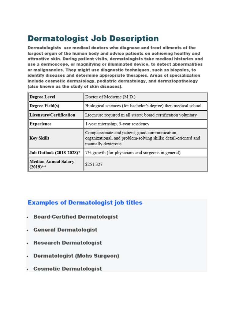 Dermatologist Job Description | PDF | Dermatology | Medical School