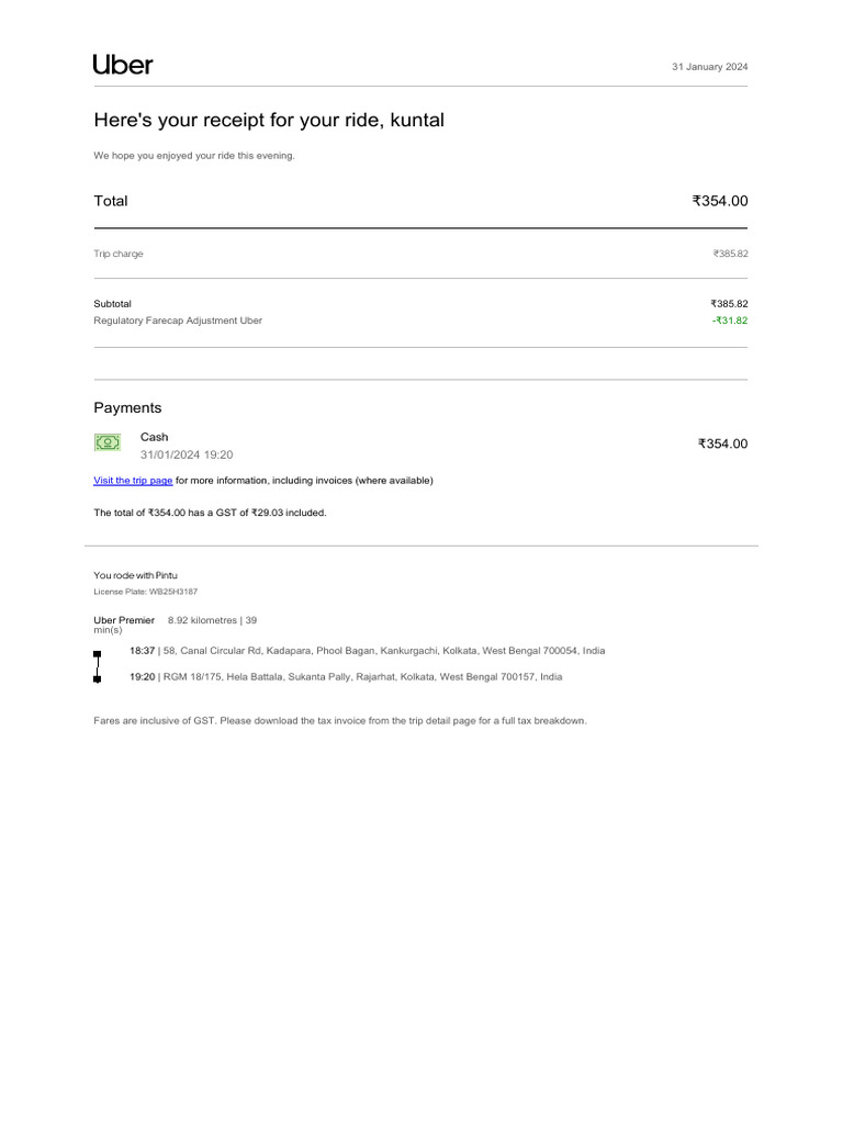 Uber Fare Receipt with Adjustment | PDF