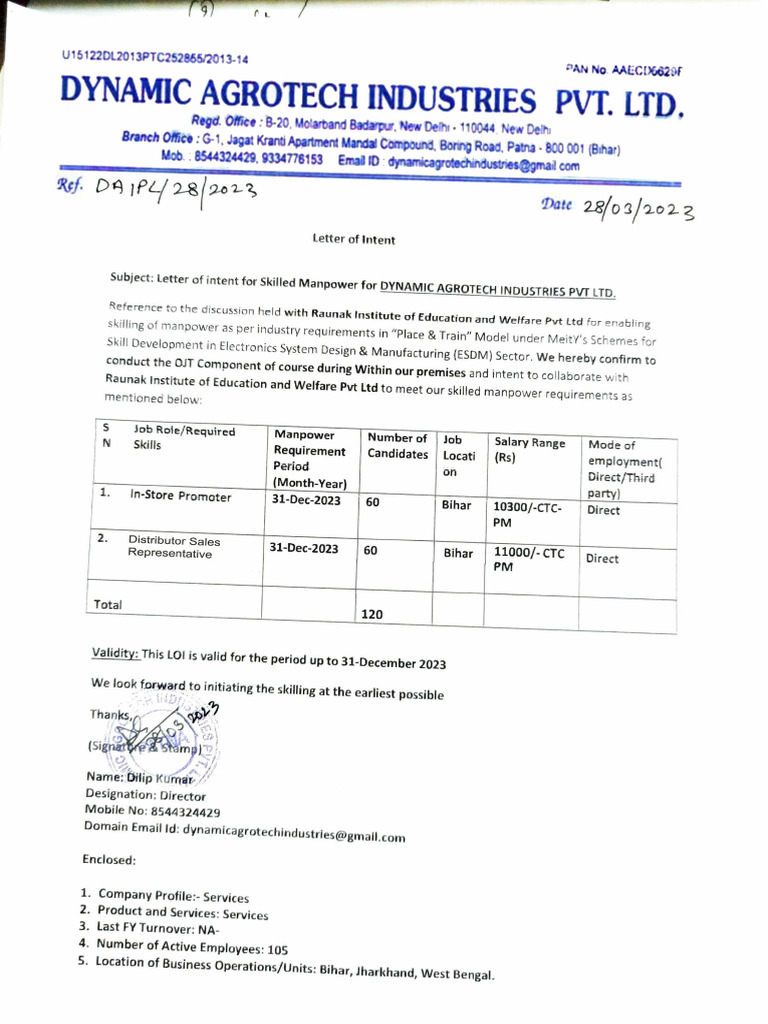 Dynamic Agrotech Industries Loi | PDF