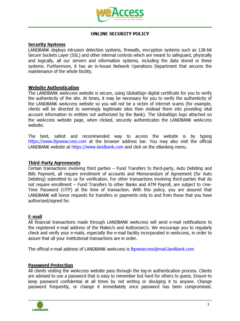 LANDBANK Online Security Guidelines | PDF | Password | Phishing