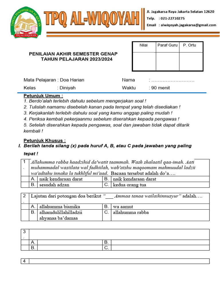 Blanko Soal TPQ - Diniyah | PDF