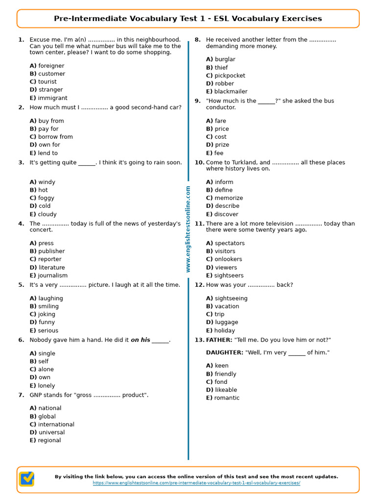 Esl Pre Intermediate Vocabulary Worksheets