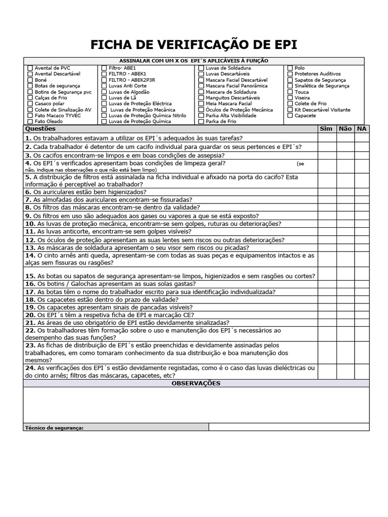 Ficha de Verificação de EPI | PDF | Equipamentos de proteção individual