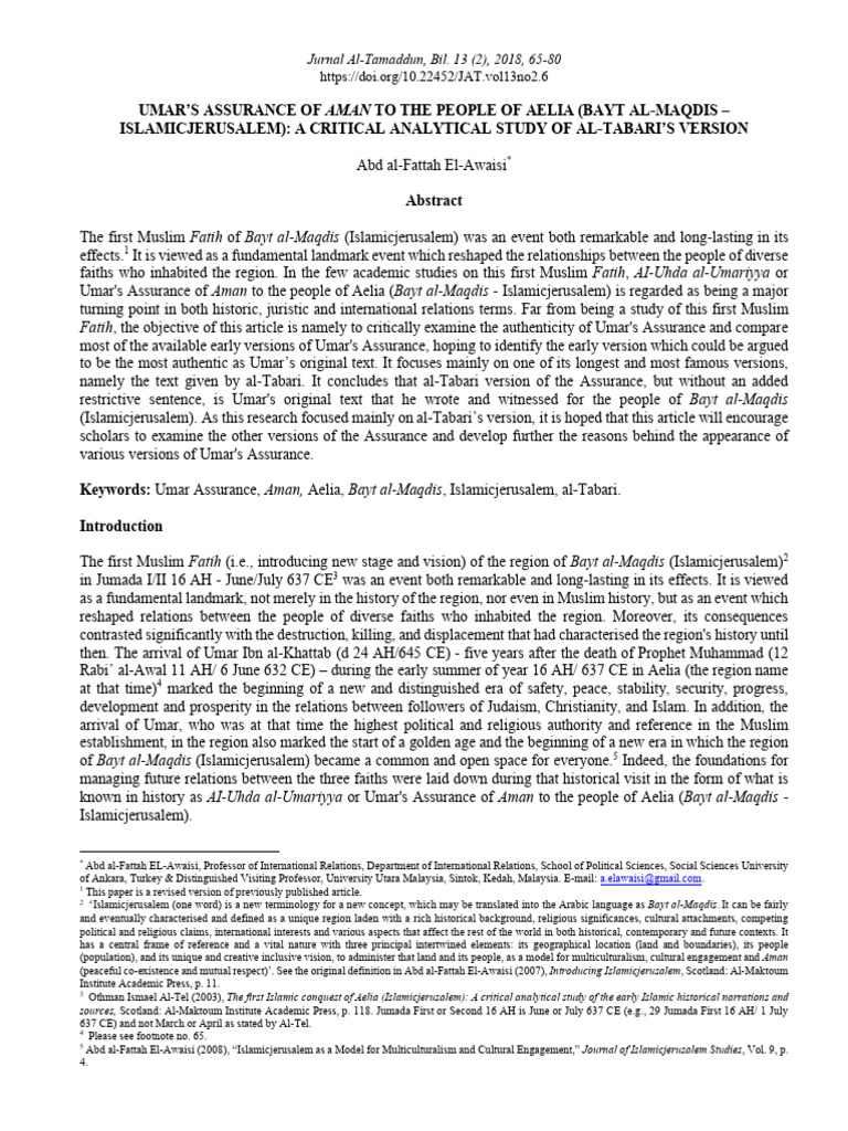 Umar'S Assurance of Aman To The People of Aelia (Bayt Al-Maqdis - Islamicjerusalem) : A Critical ...