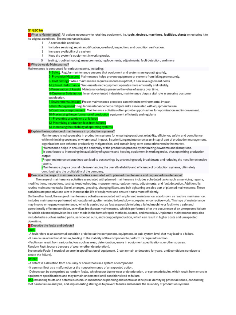 Q1 Final Maintenance | PDF | Reliability Engineering | Systems Engineering