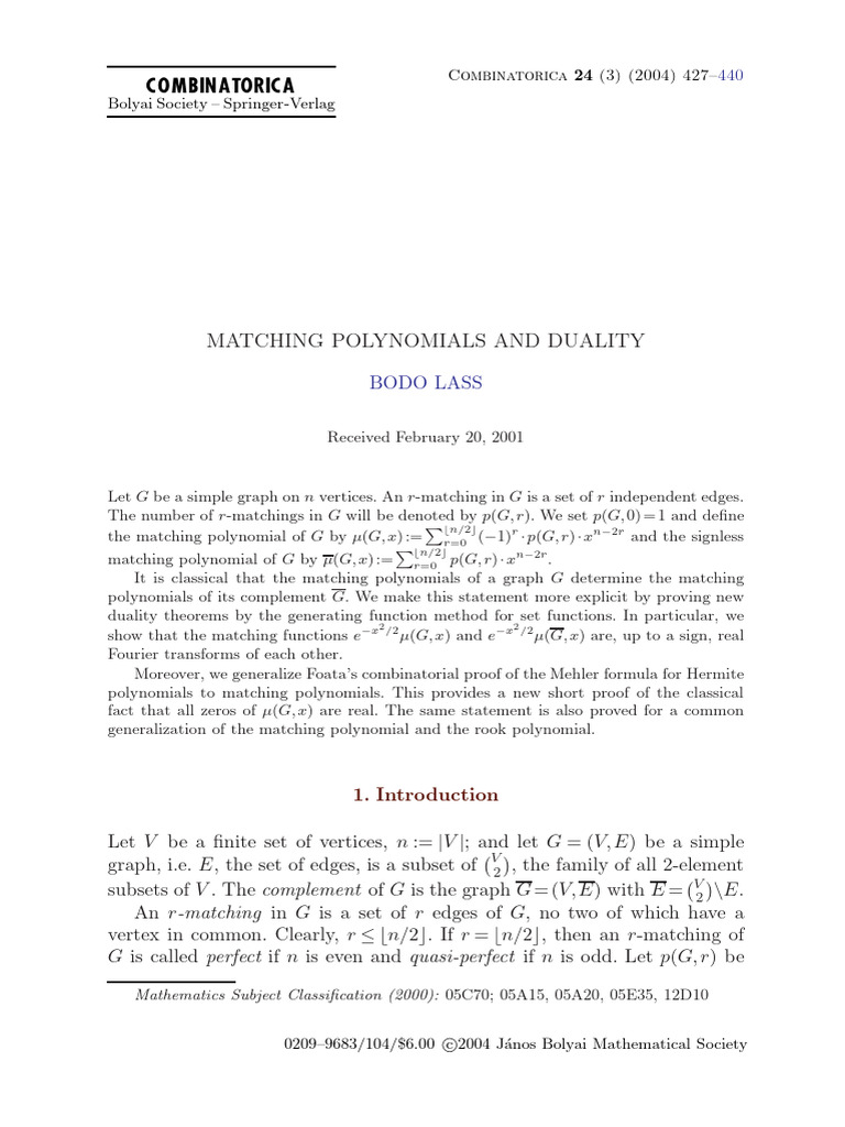 Lass, Matching Polynomials and Duality 2004 | PDF | Function (Mathematics) | Polynomial