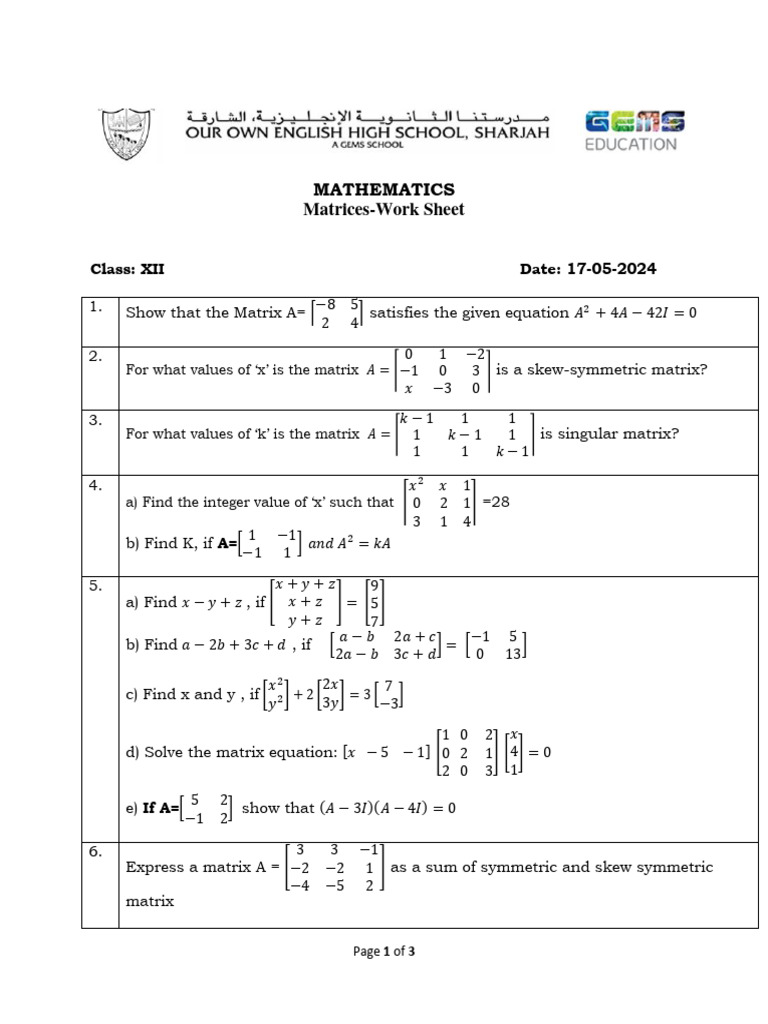 Work Sheet_Matrices | Download Free PDF | Mathematical Concepts | Functional Analysis