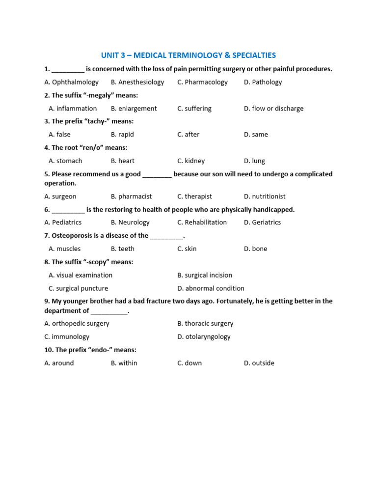 Unit 3 - Medical Terminology & Specialties: 1B 2B 3B 4C 5A 6C 7D 8A 9A ...