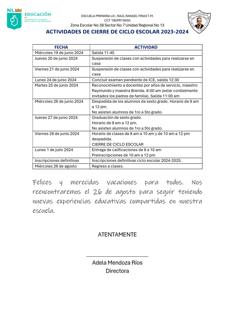 Actividades de Cierre de Ciclo Escolar 2023-2024 | PDF