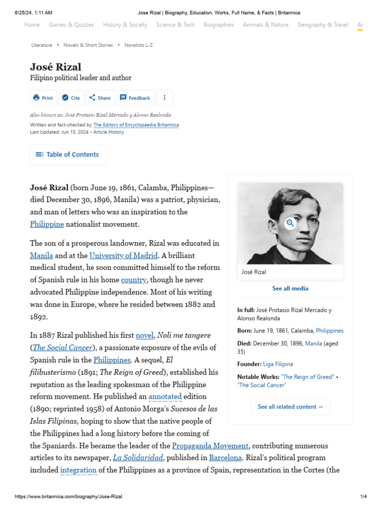 Jose Rizal - Biography, Education, Works, Full Name, & Facts - Britannica | PDF | Philippines