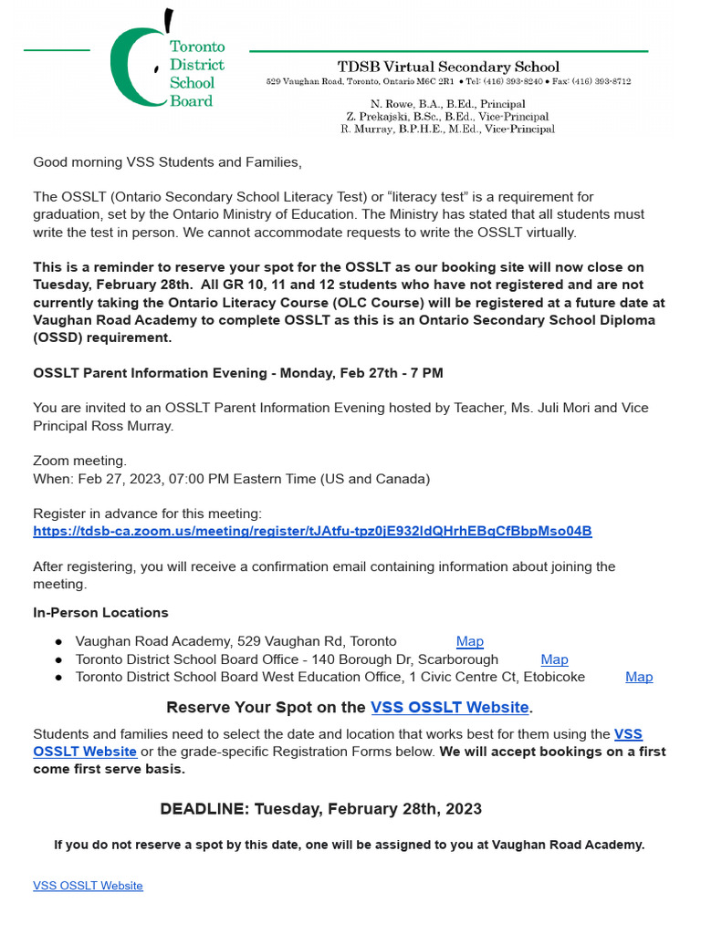 VSS OSSLT Reminder - Spring 2023 | PDF | Identity Document