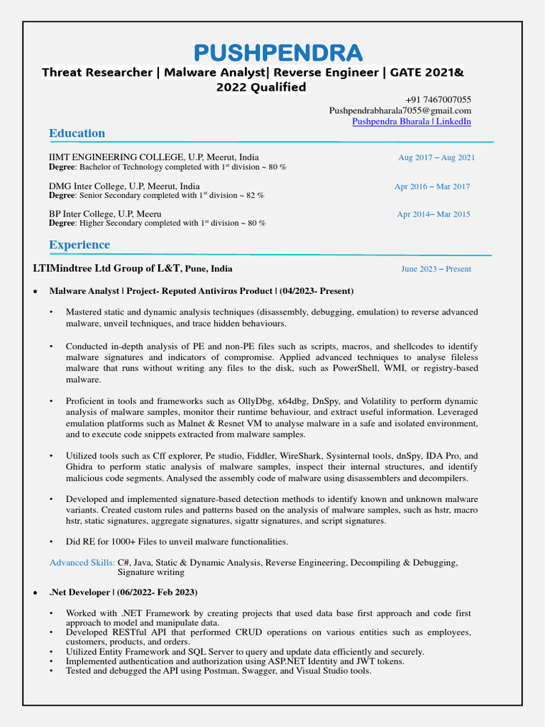 Pushpendra Resume | PDF | Malware | Antivirus Software