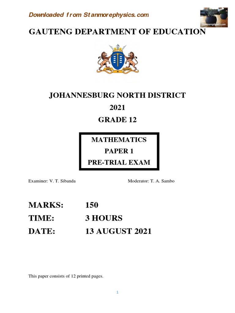 Grade 12 Mathematics Pre-Trial Exam 2021 | PDF | Cartesian Coordinate ...