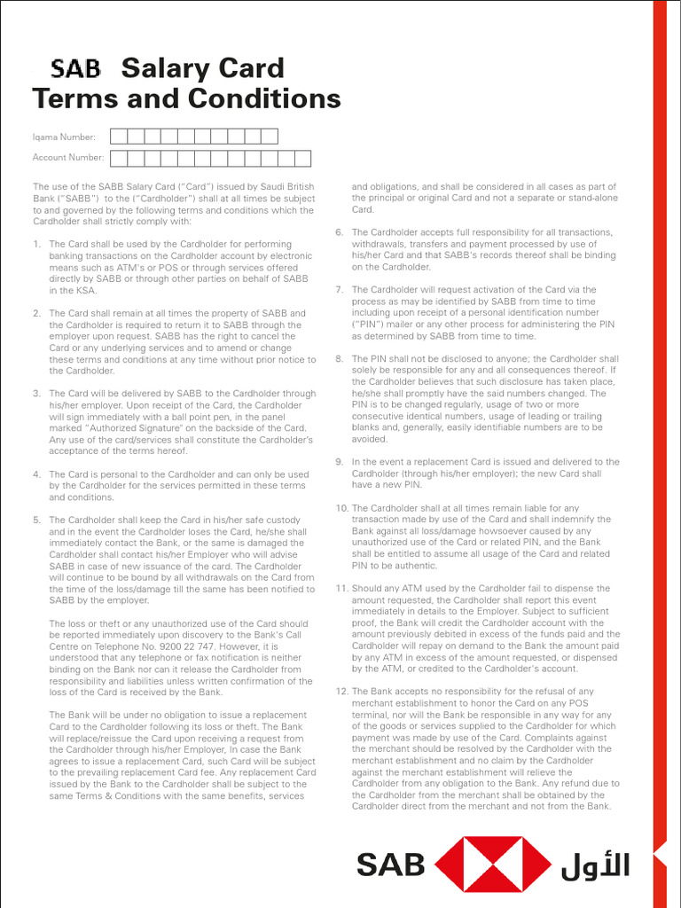 SAB Salary Card Terms & Conditions (English) - Final | PDF | Banks ...