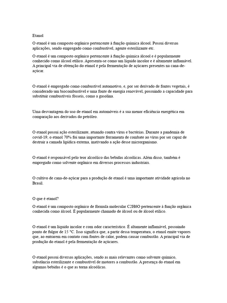 Etanol: Biocombustível e Suas Aplicações | PDF | Etanol | Biocombustível