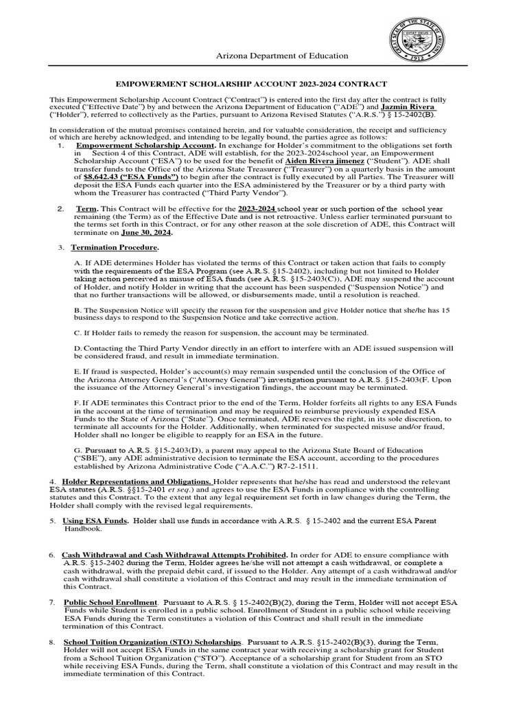 ESA New Contract For 2023 - 2024 School Year - PDF - Encrypted | PDF ... ESA New Contract For 2023 - 2024 School Year - PDF - Encrypted | PDF ...