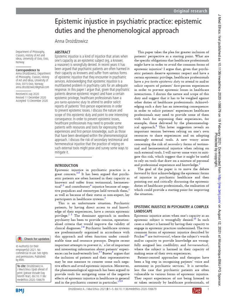 Epistemic Injustice Phenomenological Approach | PDF | Psychiatry ...