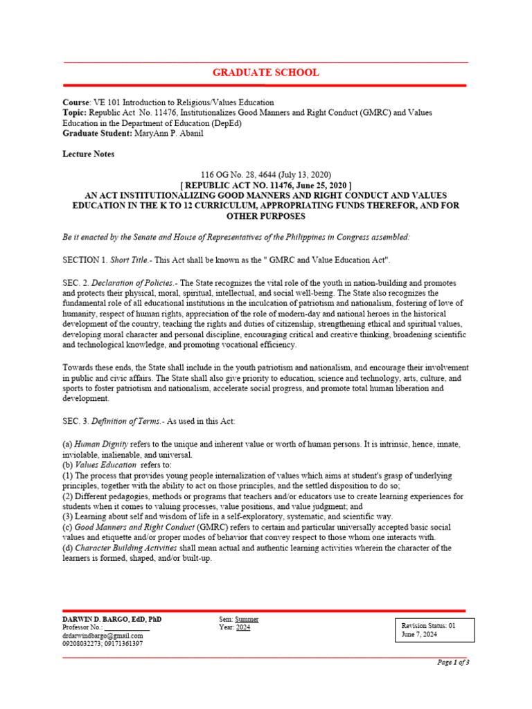 Ve101 - Ntroduction To Religious - Values Education - Ra11476 | PDF ...