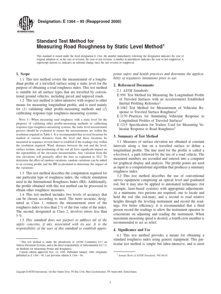 Measuring Road Roughness by Static Level Method: Standard Test Method ...