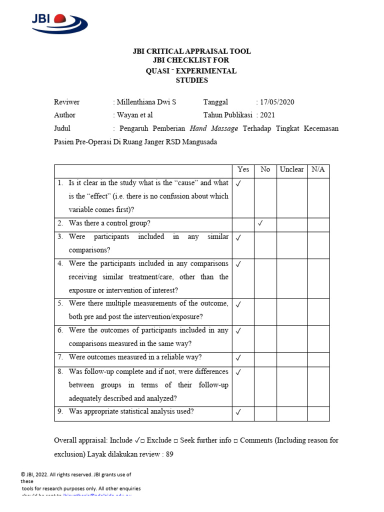 JBI Checklist for Quasi-Experimental Studies | PDF | Medical Treatments ...