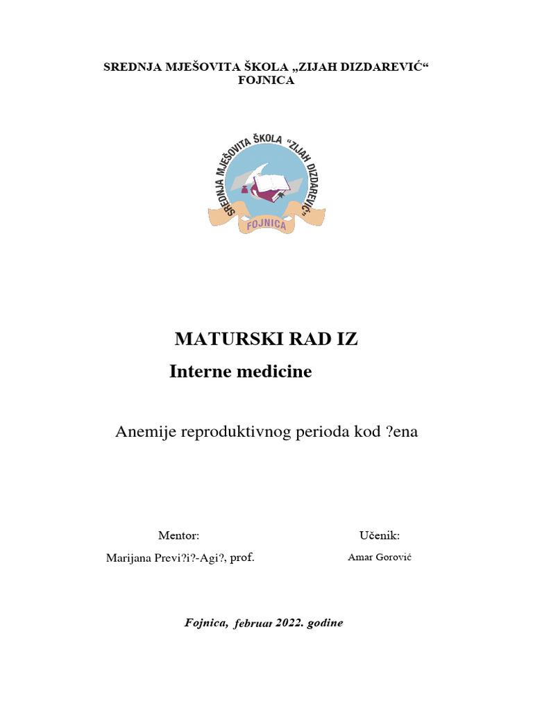Maturski Rad - Anemije Reproduktivnog Perioda Kod Žena | PDF